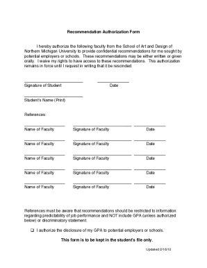 Fillable Online art nmu Recommendation Authorization Form - NMU Art & Design Fax Email Print ...