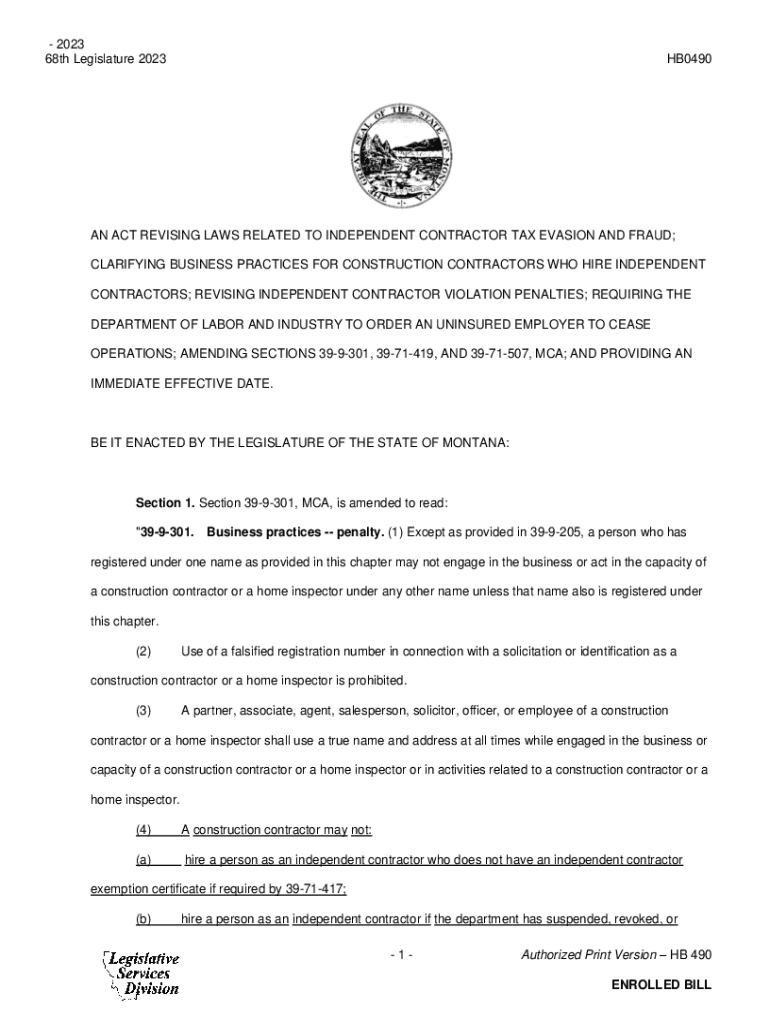 Fillable Online leg mt 1 - Authorized Print Version HB 490 ENROLLED BILL AN ... Fax Email Print ...
