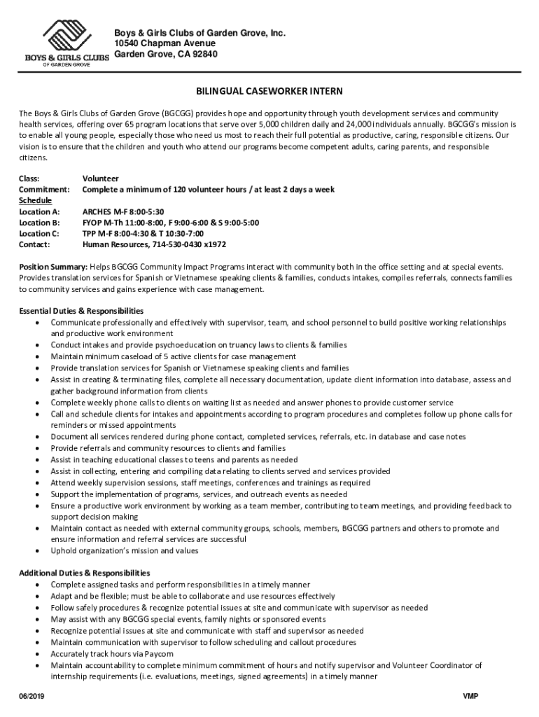 Fillable Online BILINGUAL CASEWORKER INTERN Fax Email Print - pdfFiller
