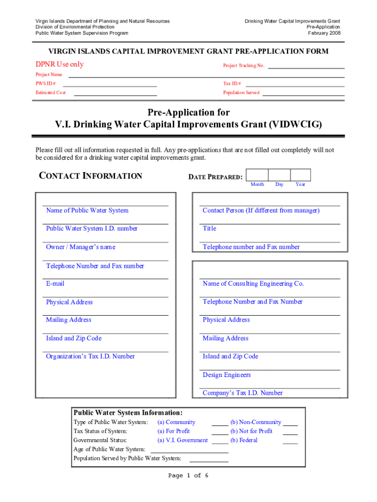 Fillable Online dpnr vi Pre-Application for V.I. Drinking Water Capital ...