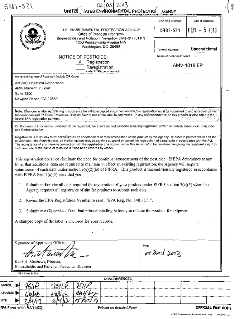 Fillable Online US EPA, Pesticide Product Label, AMV-1018 EP, 02/05 ...
