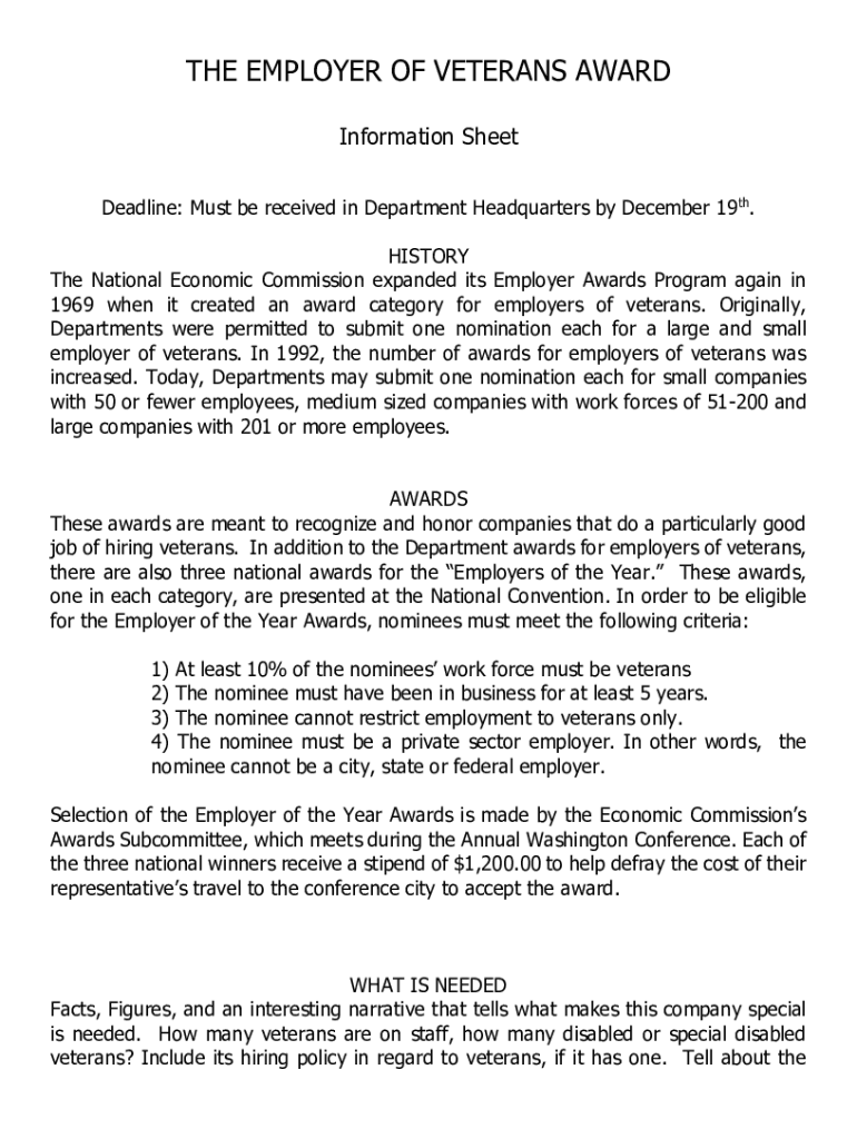 Fillable Online The Employer of Veterans Award: information sheet Fax ...