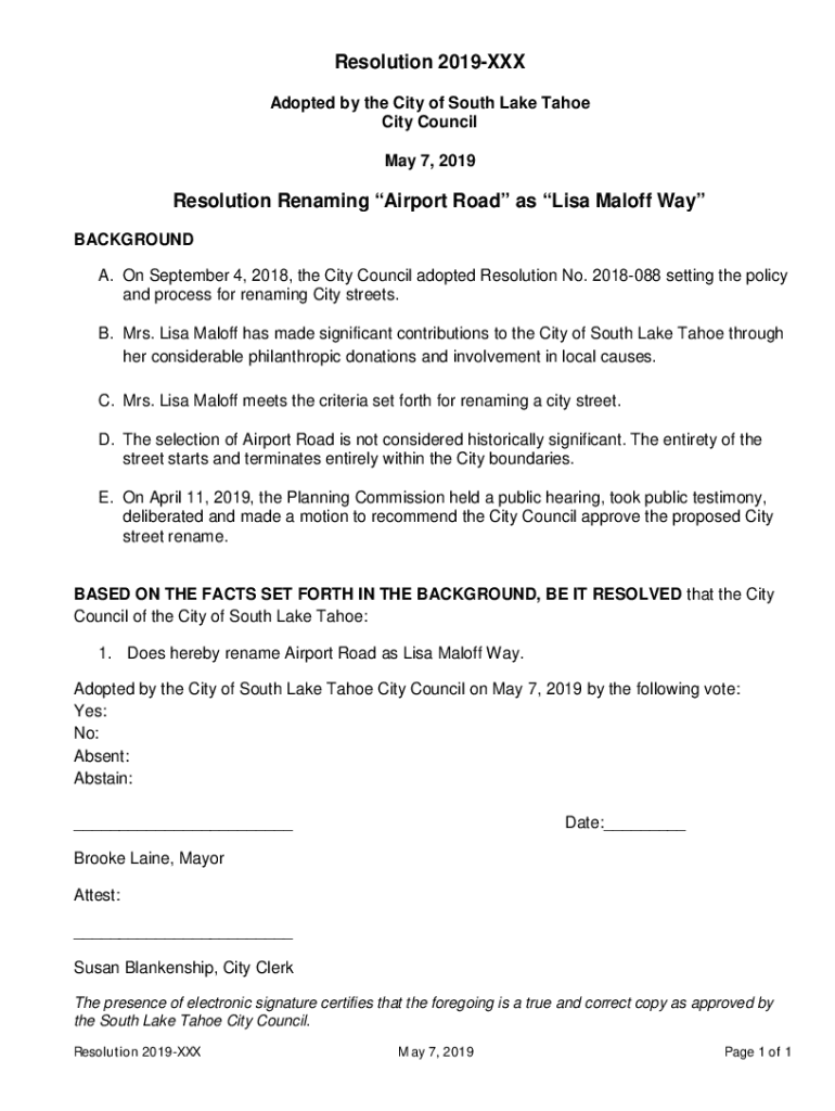 Fillable Online Resolution Renaming Airport Road as Lisa Maloff Way Fax ...