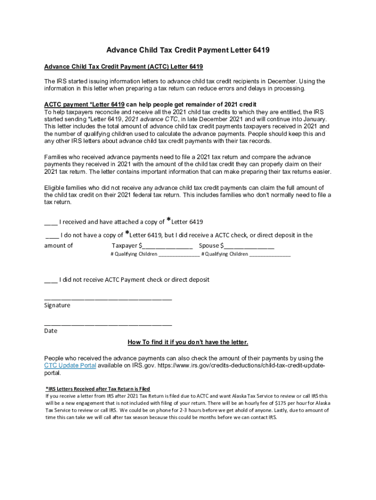 Fillable Online Advance Child Tax Credit Payment Letter 6419 Fax Email ...