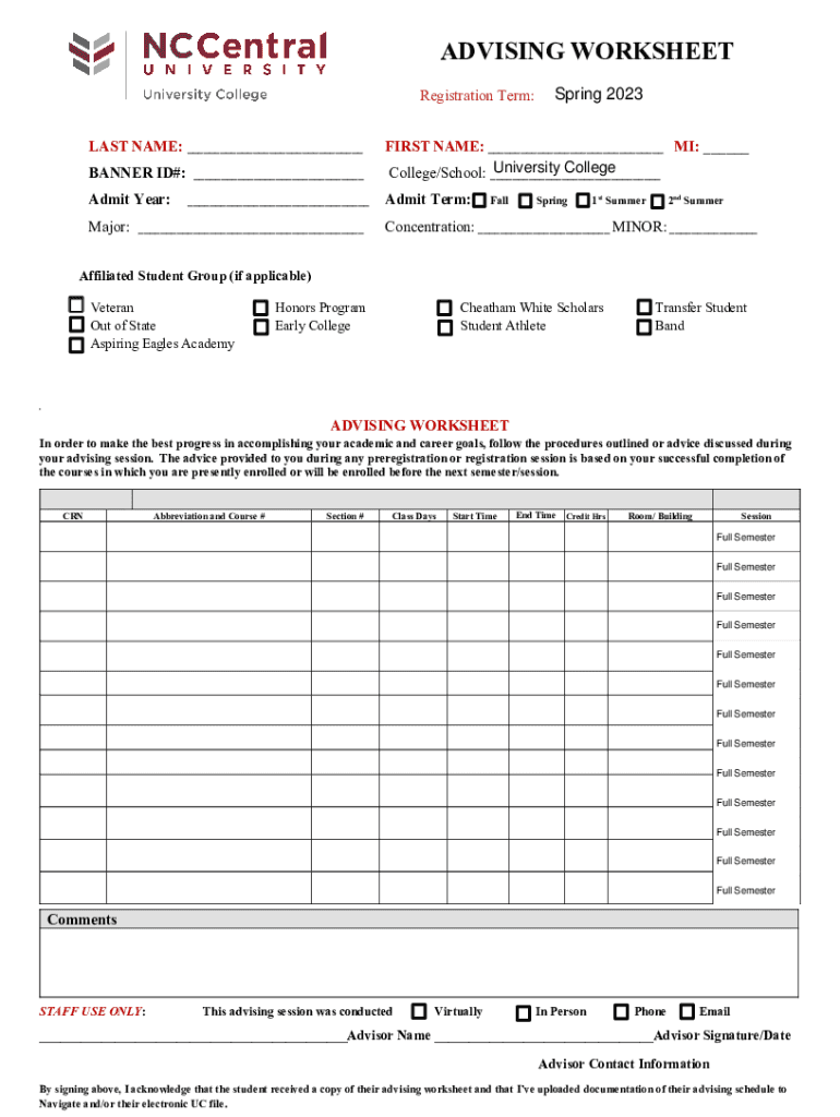 Fillable Online Academic Advising and Registration Worksheet Fax Email ...