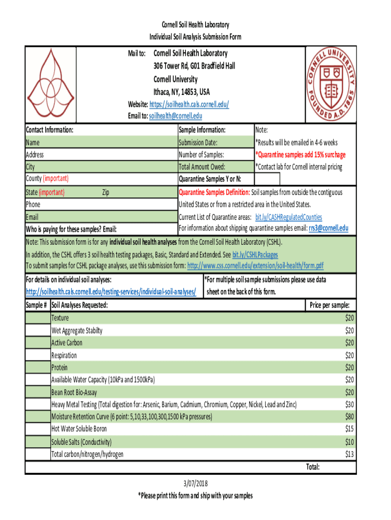 Fillable Online Sample storage and shipment - Cornell Soil Health ...