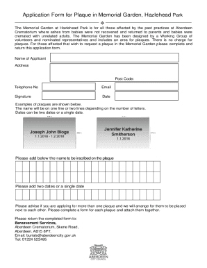 Fillable Online Application Form for Plaque in Memorial Garden, ... Fax ...
