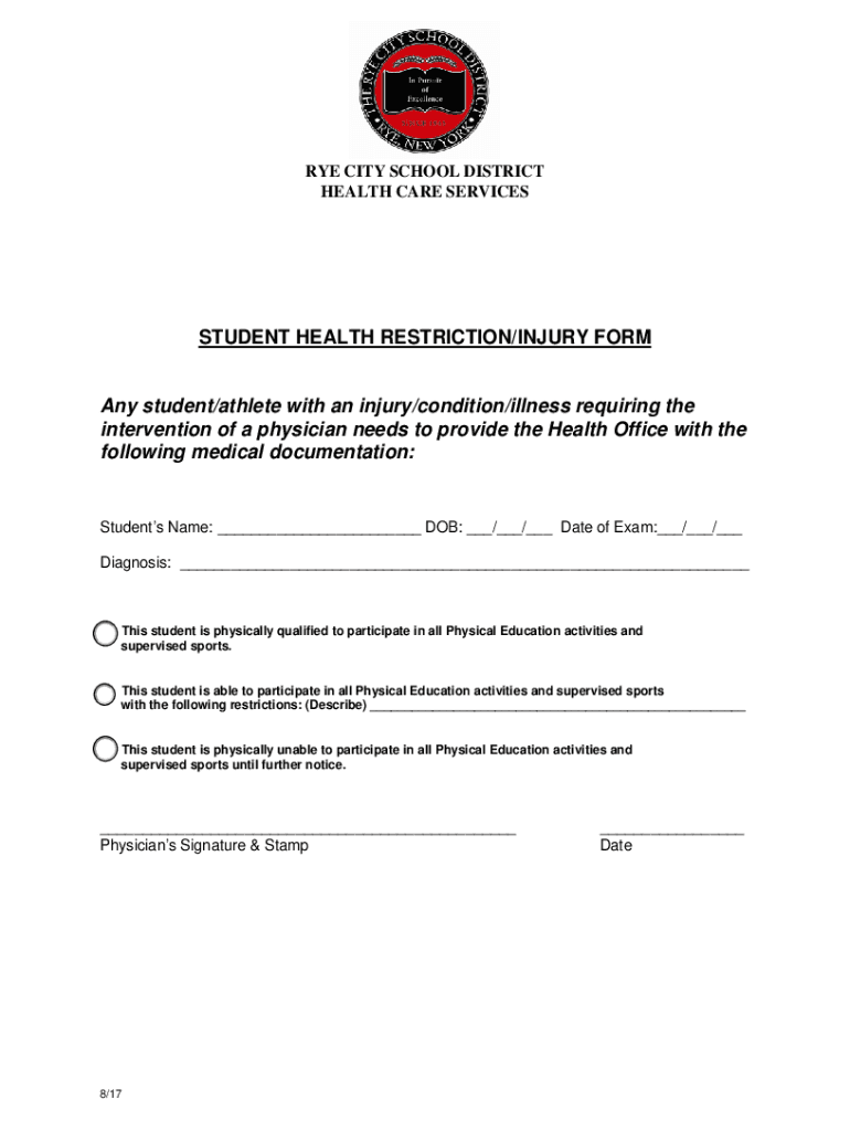 Fillable Online Student Health Restriction/Injury Form Fax Email Print ...