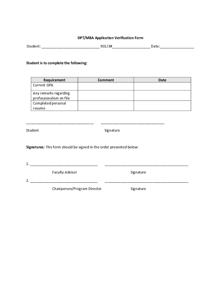 Fillable Online DPT/MBA Application Verification Form Student Fax Email ...
