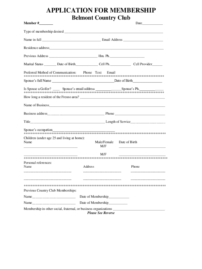 Fillable Online APPLICATION FOR MEMBERSHIP - Belmont Country Club Fax ...