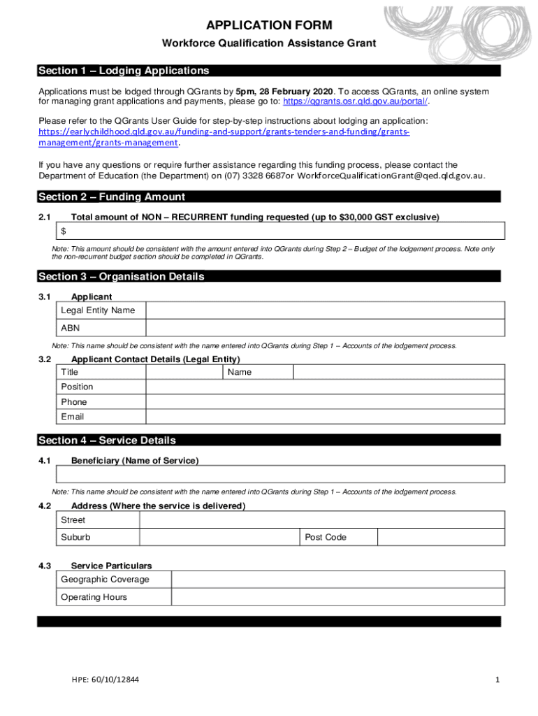 Fillable Online Workforce qualification assistance grant - application form. Workforce ...