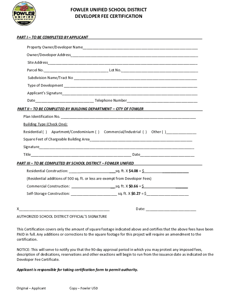 Fillable Online Developer Fee Certification Form.pdf Fax Email Print ...