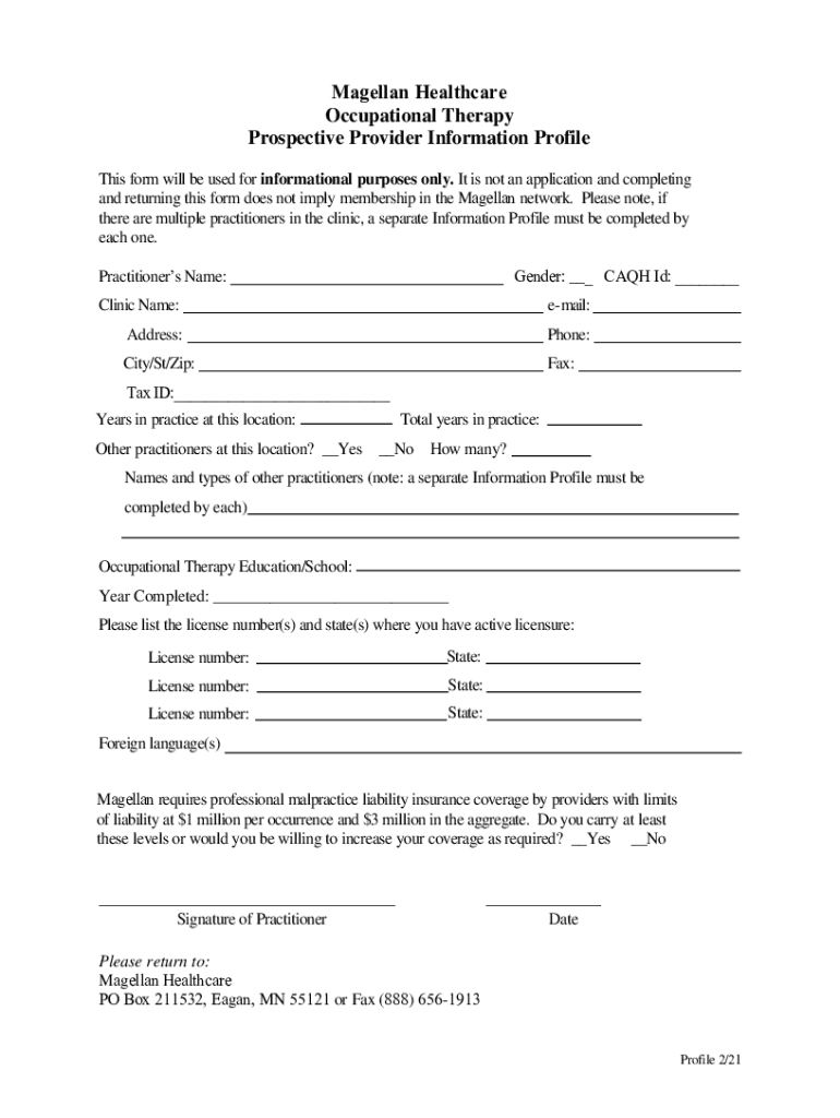 Fillable Online Magellan Healthcare Occupational Therapy Prospective ...