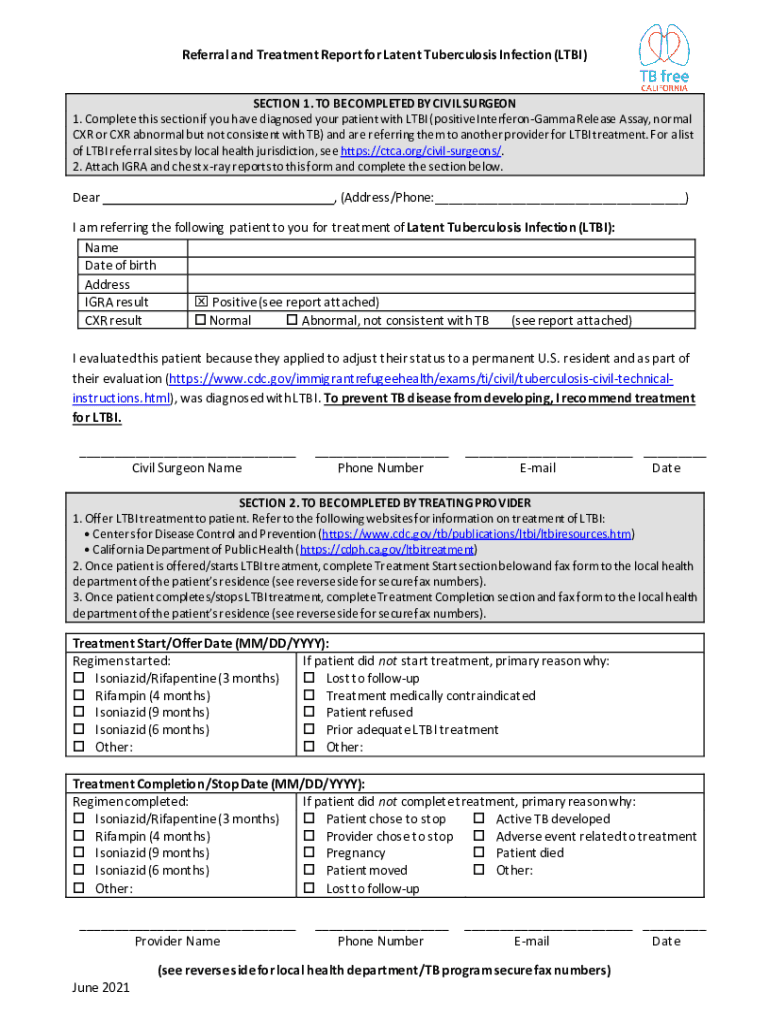 Fillable Online Referral and Treatment Report for Latent Tuberculosis ...