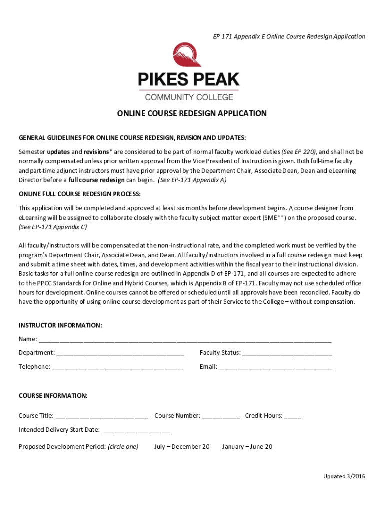 Fillable Online EP 171 Appendix E Online Course Redesign Application ...