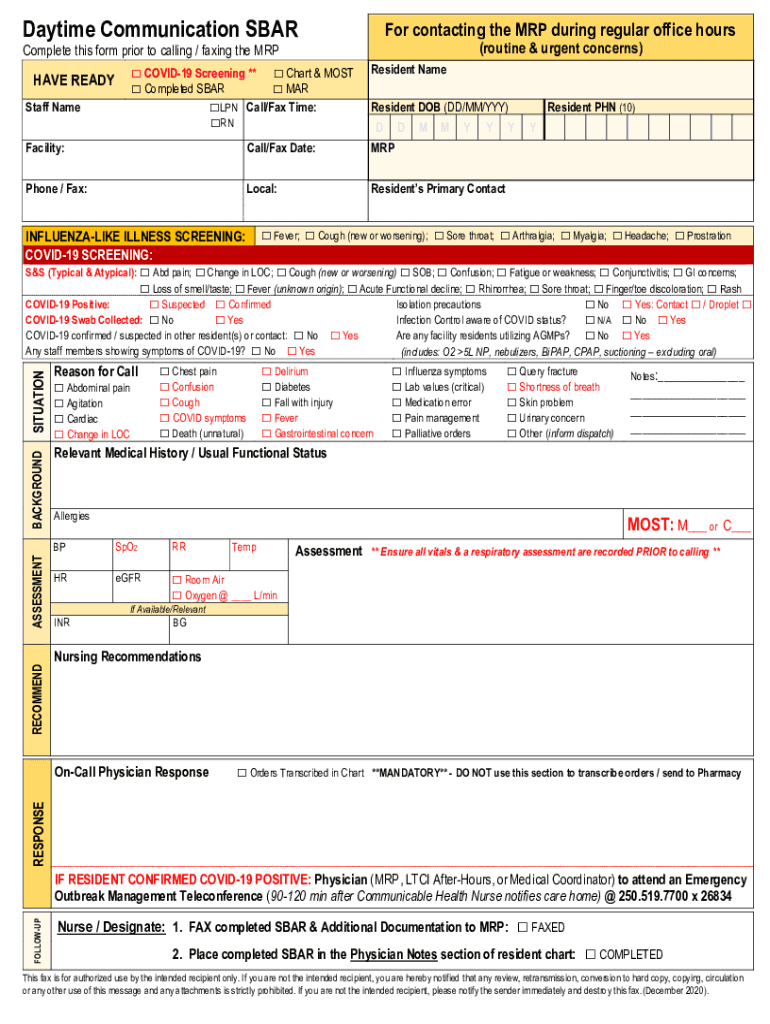 Fillable Online covid-daytime-communication-form-sbar- ... Fax Email ...
