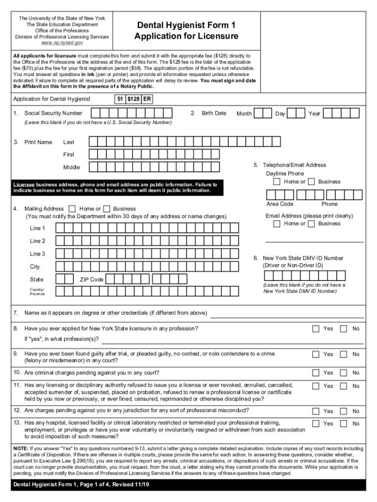 Fillable Online op nysed Dental Hygienist Form 1. Application for ...