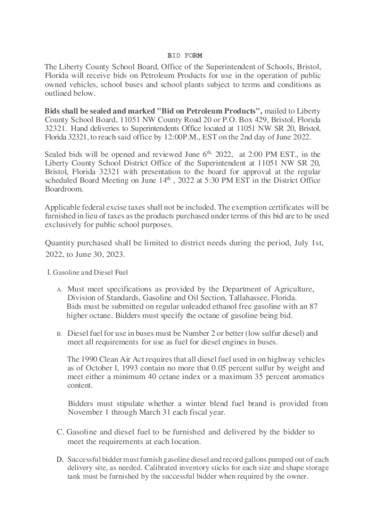 Fillable Online BID FORM The Liberty County School Board, Office of the ...