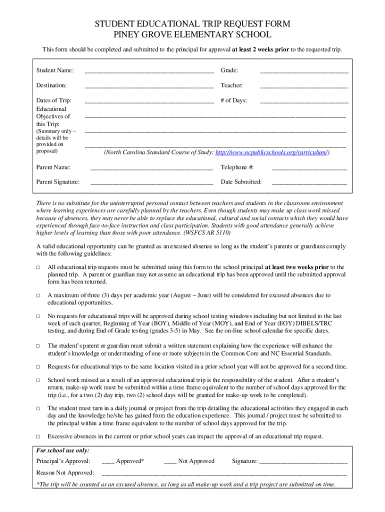 Fillable Online student educational trip request form piney grove ...