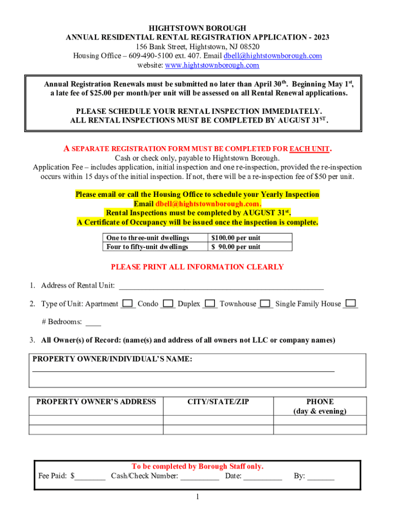 Fillable Online ANNUAL RESIDENTIAL RENTAL REGISTRATION APPLICATION ...