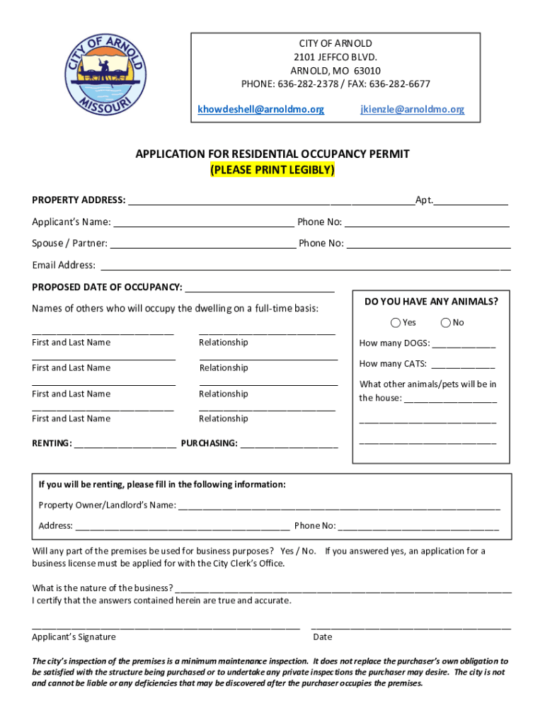 Fillable Online APPLICATION FOR RESIDENTIAL OCCUPANCY PERMIT ... Fax ...