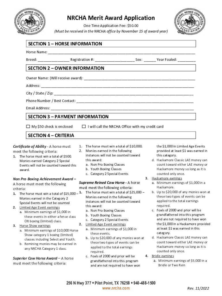 Fillable Online NRCHA Creates New Award For Non-Pro Limited Horses Fax ...