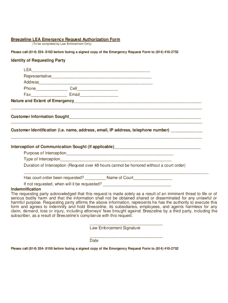 Fillable Online Breezeline LEA Emergency Request Authorization Form Fax ...