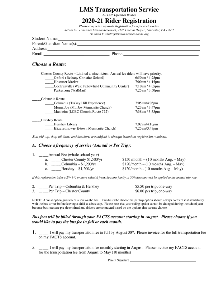 Fillable Online LMS Transportation Service - 2020-21 Rider Registration Fax Email Print - pdfFiller