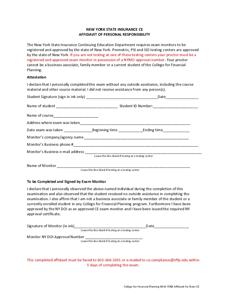 Fillable Online New York State Insurance CE Affidavit of Personal ...