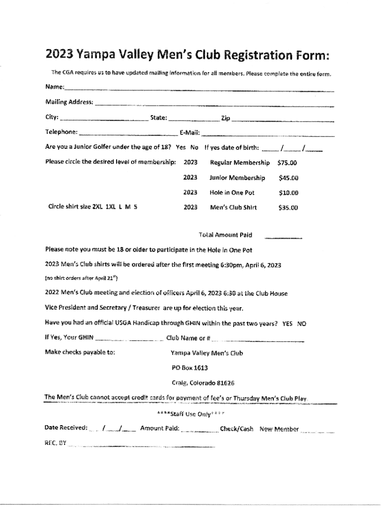 Fillable Online 2CI23 Yampa valley Men's club Registration Form: Fax ...
