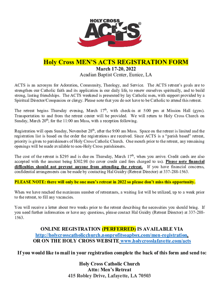 Fillable Online ACTS RETREAT REGISTRATION FORM Fax Email Print - pdfFiller