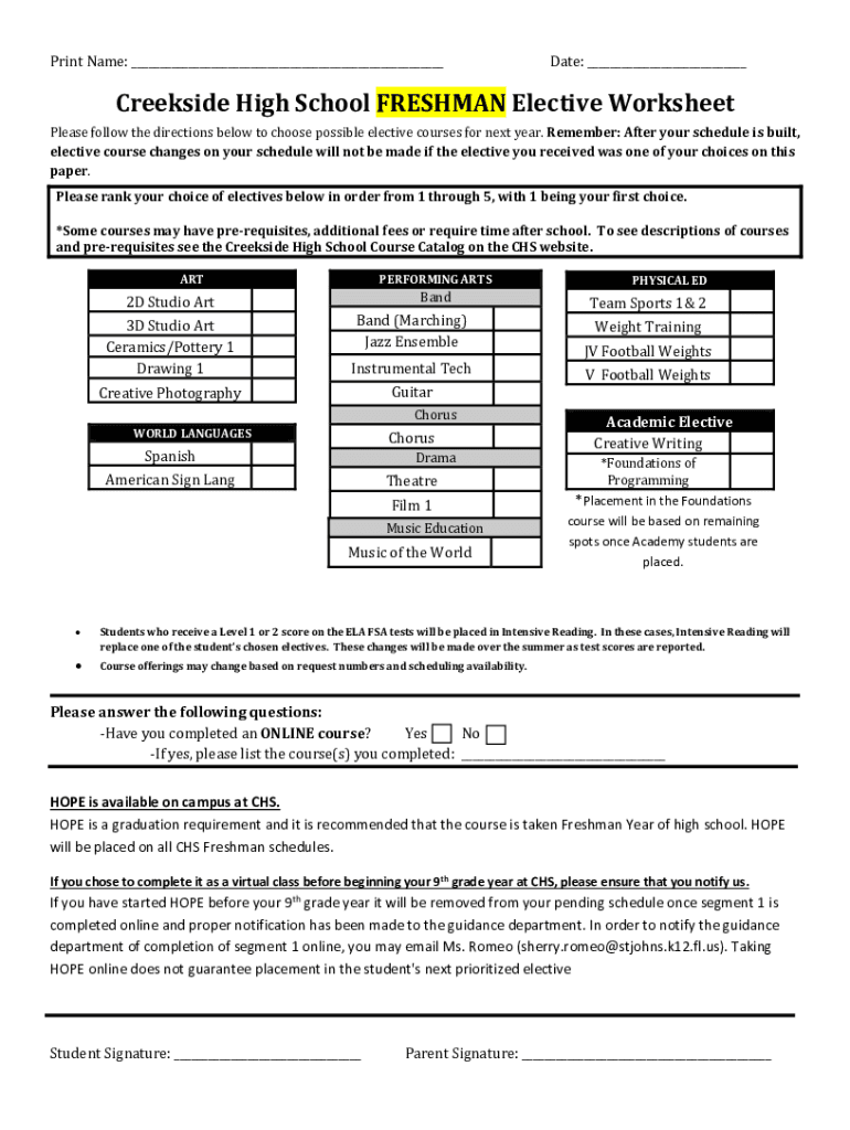 Fillable Online www-chs stjohns k12 fl Creekside High School FRESHMAN ...