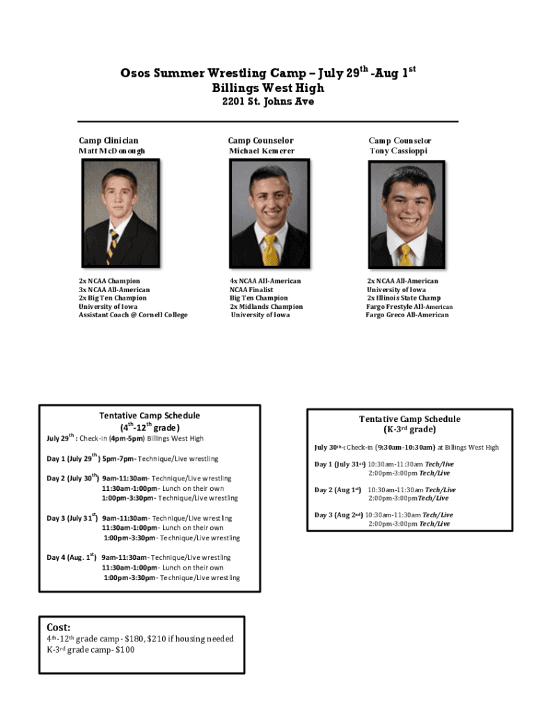 Fillable Online Friendships formed at Osos Wrestling Camp in Billings ...