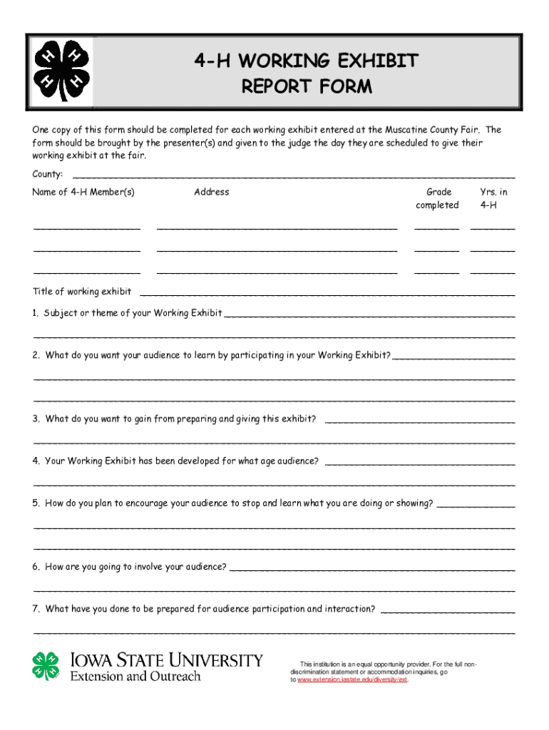 Fillable Online 4-H WORKING EXHIBIT REPORT FORM Fax Email Print - pdfFiller
