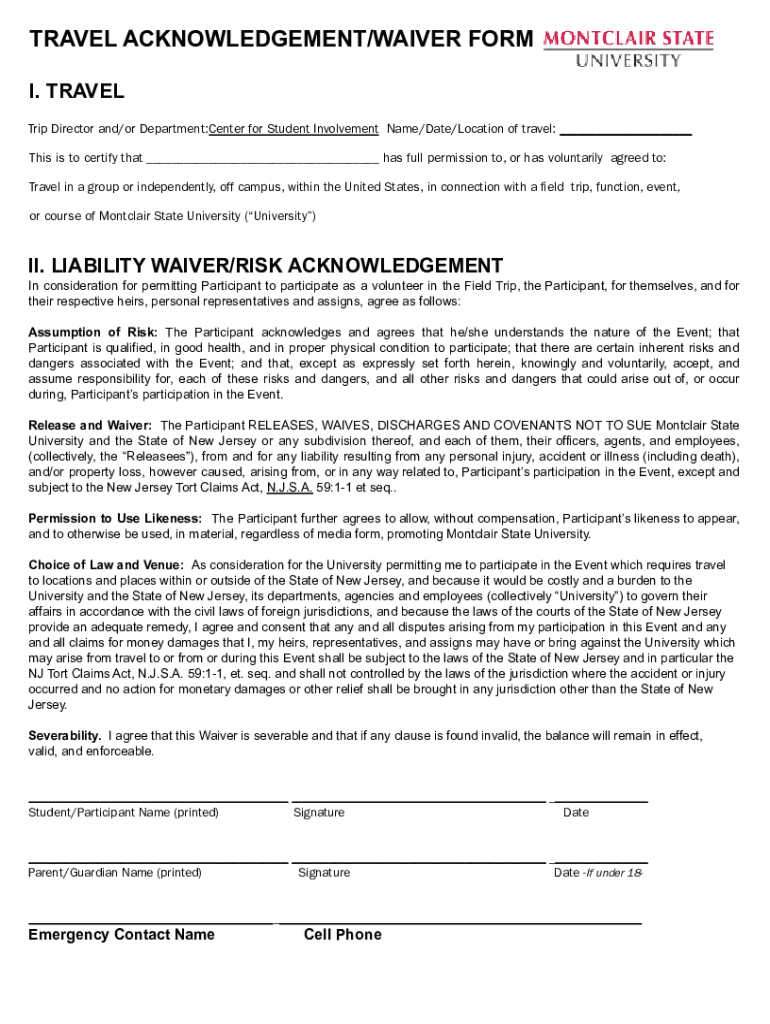 Fillable Online Travel Acknowledgement/Waiver Form Fax Email Print ...