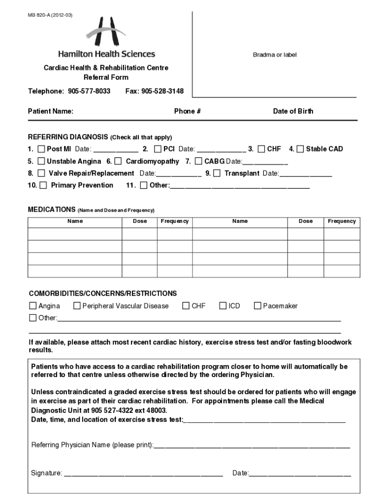 Fillable Online Cardiac Health and Rehabilitation Centre Referral Form ...