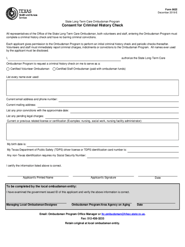 Fillable Online Consent for Criminal History Check. Form 8622 Fax Email ...