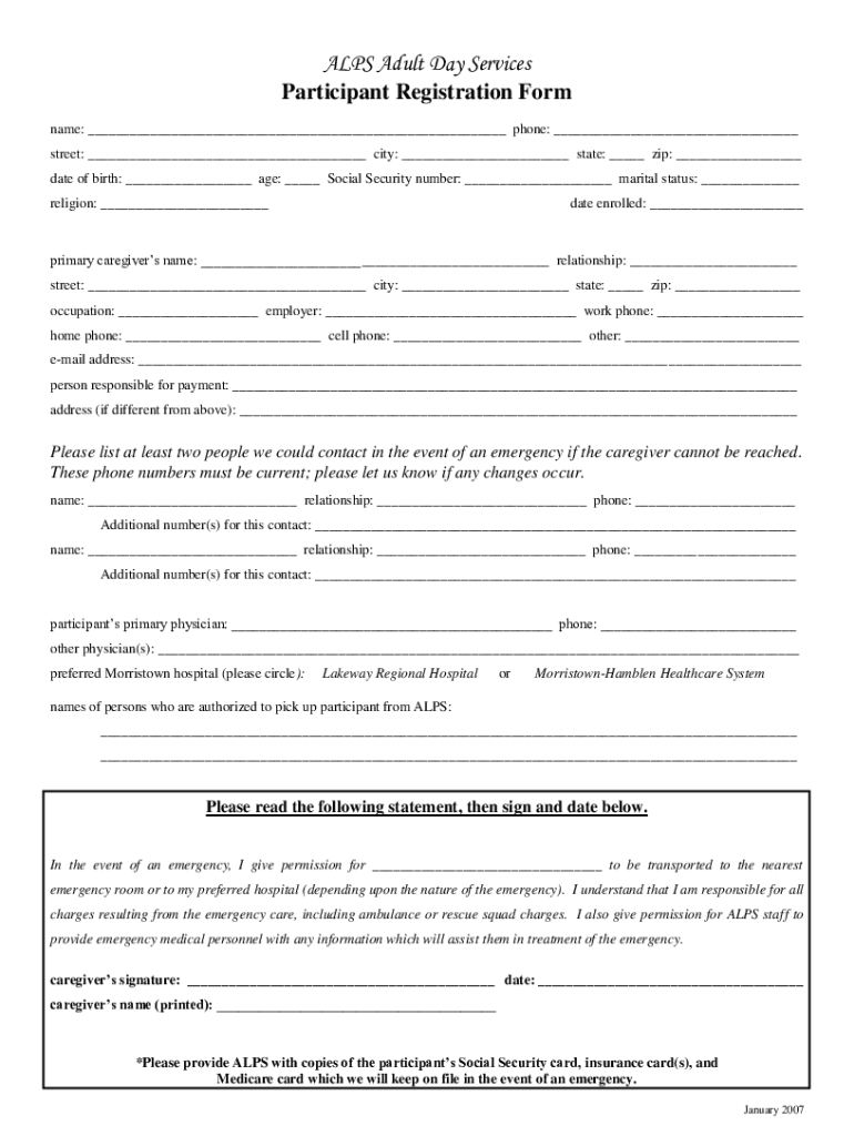 Fillable Online St. Ann's Adult Day Services ENROLLMENT APPLICATION Fax ...