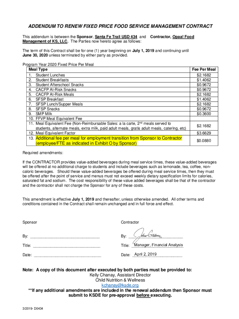 Fillable Online ADDENDUM TO RENEW FIXED PRICE FOOD SERVICE ... Fax Email Print - pdfFiller