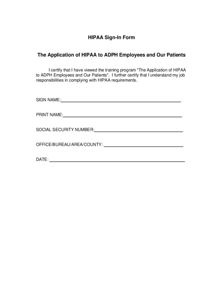 Fillable Online HIPAA Sign-In Form The Application of ... Fax Email ...