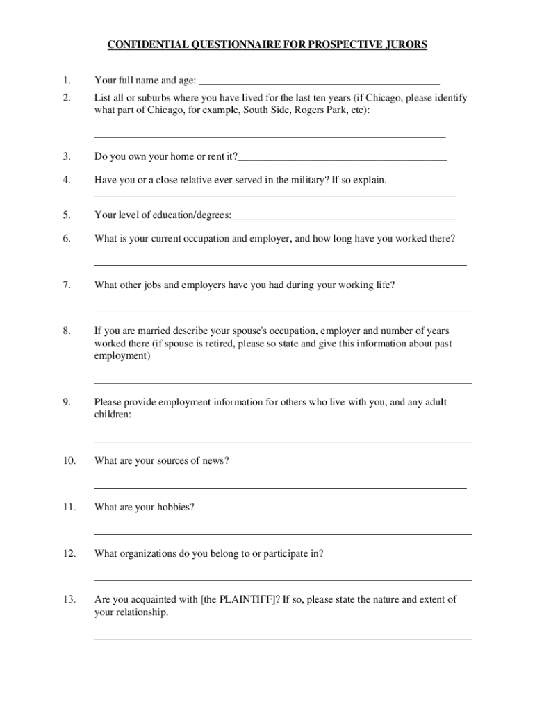 Fillable Online JURY-001 Juror Questionnaire for Civil Cases (Code of ... Fax Email Print ...
