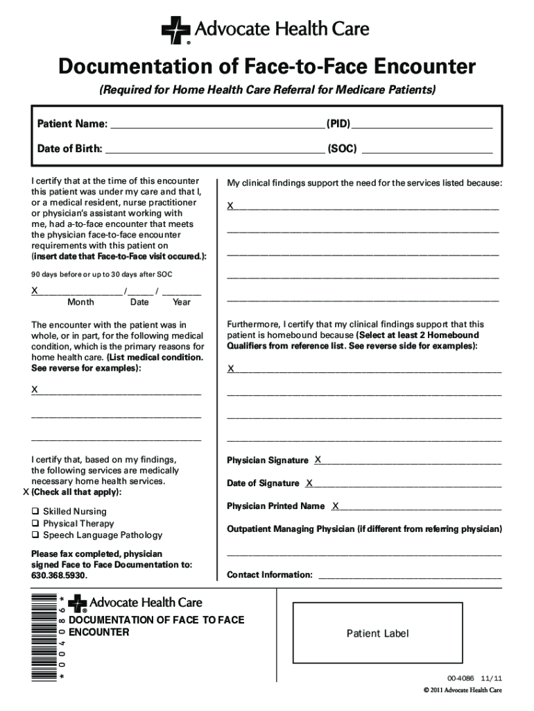 Fillable Online Home Health Services F2F Encounter Template Guidance ...