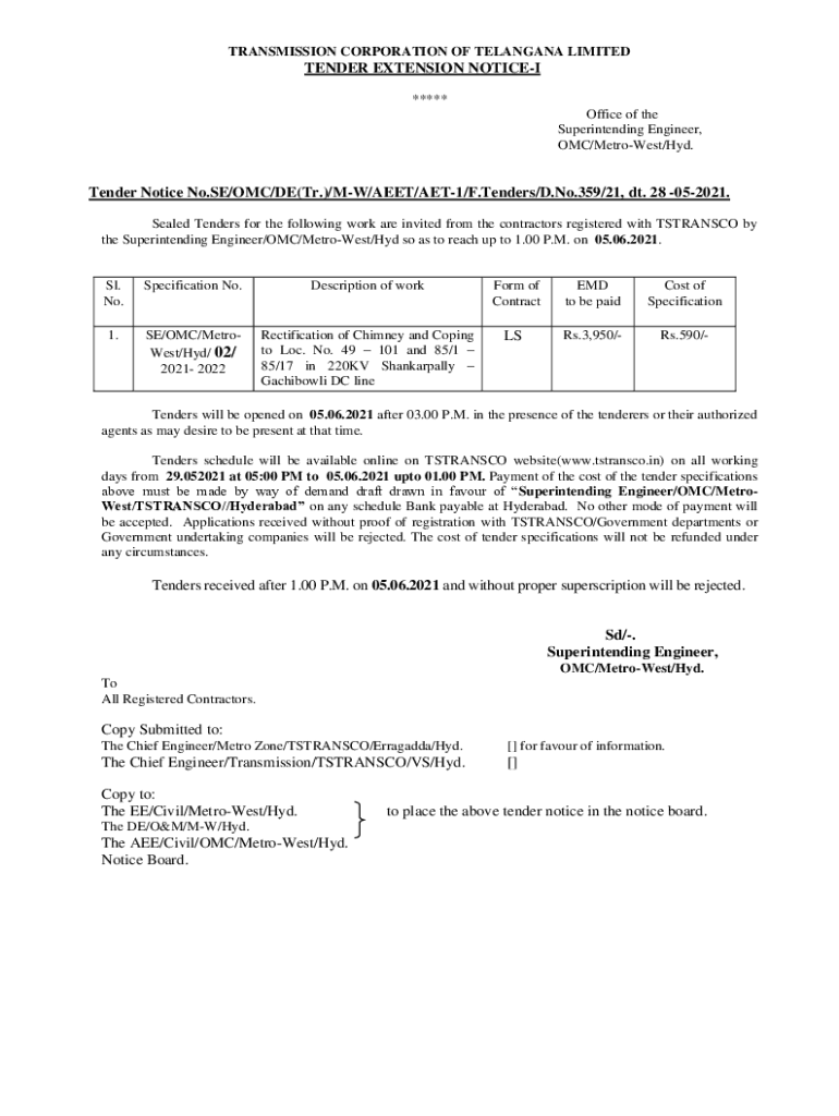Fillable Online TENDER EXTENSION NOTICE-I Fax Email Print - pdfFiller