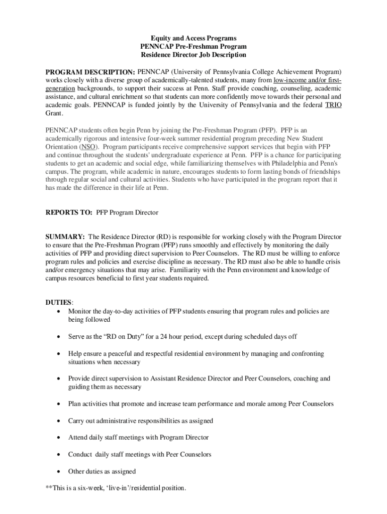 Fillable Online University of Pennsylvania PENNCAP and Pre-Freshmen ...