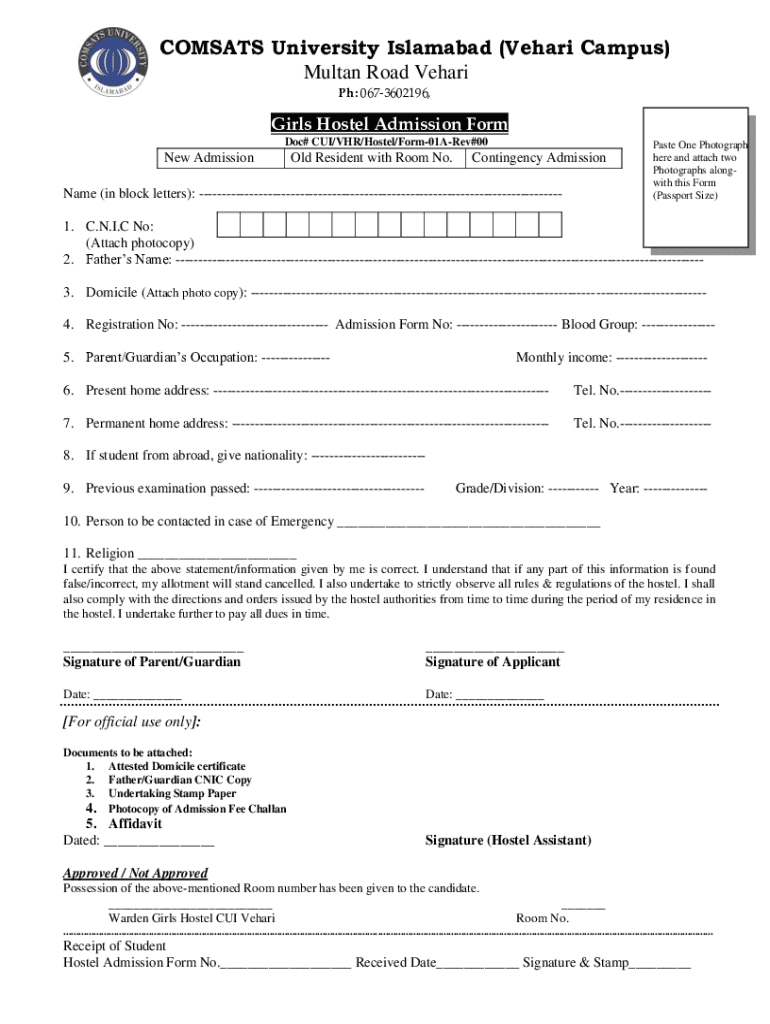 Fillable Online Girls Hostel Admission Form - COMSATS, Vehari Campus ...