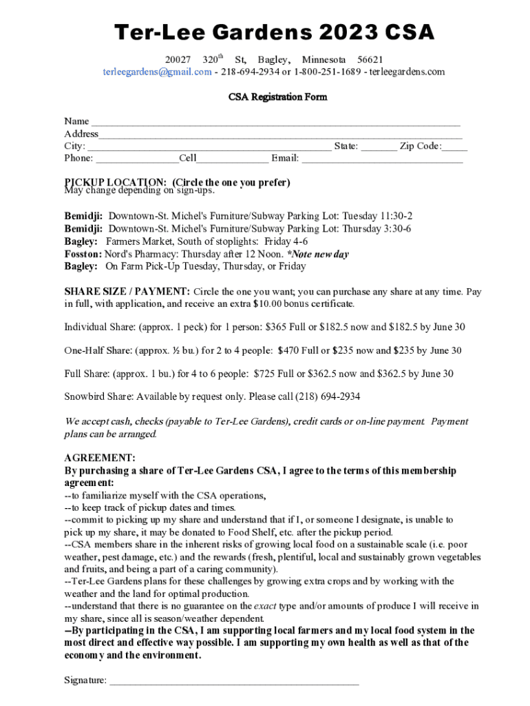 Fillable Online Community Supported Agriculture (CSA) at Ter-Lee ...