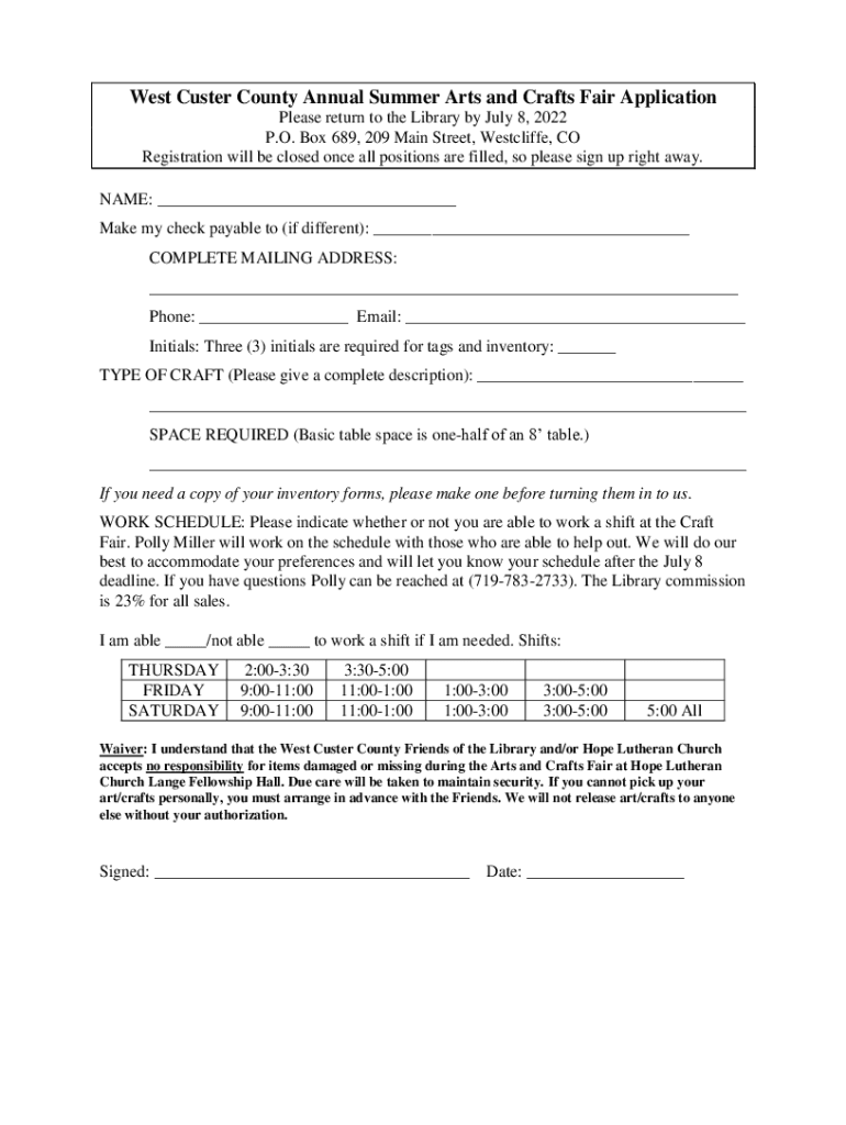 Fillable Online Craft Fair for Friends of the West Custer County Library Fax Email Print - pdfFiller