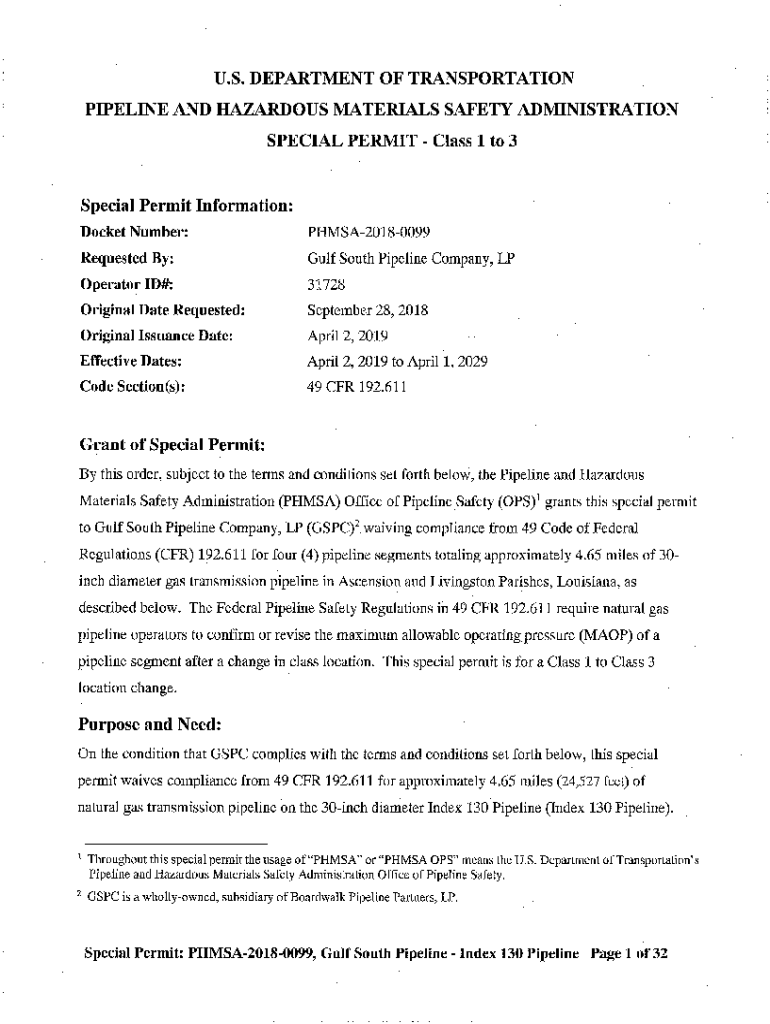 Fillable Online Request for Special Permit; Gulf South Pipeline Company ...