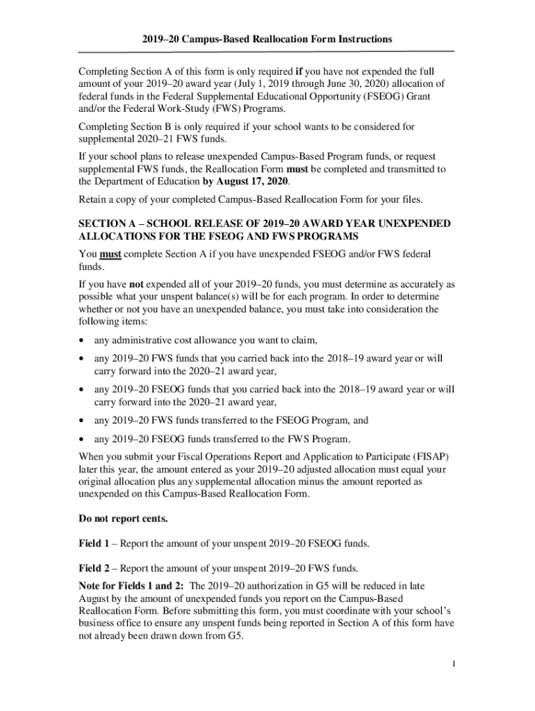 Fillable Online 201920 Campus-Based Reallocation Form Instructions Fax ...