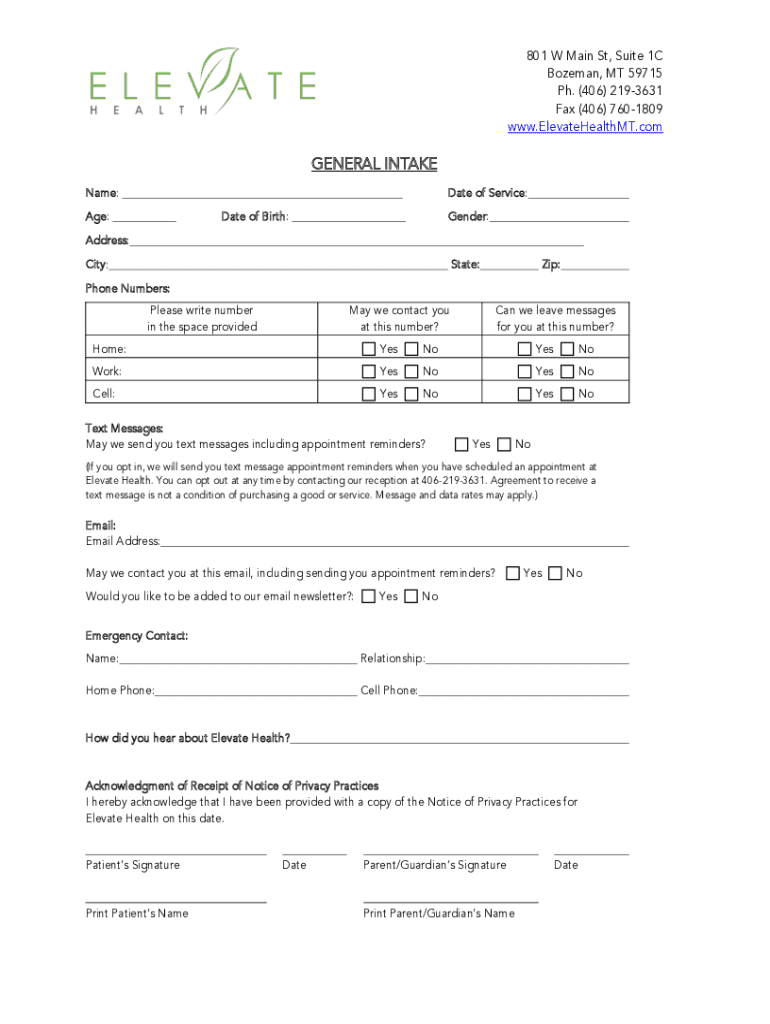 Fillable Online ELEVATE HEALTH - 801 W Main St, Bozeman, Montana Fax ...